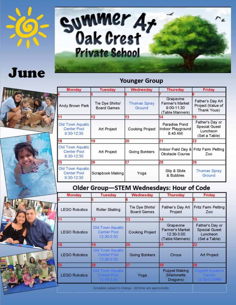 Summer Calendar | Oak Crest Private School serving Carrollton, Dallas ...